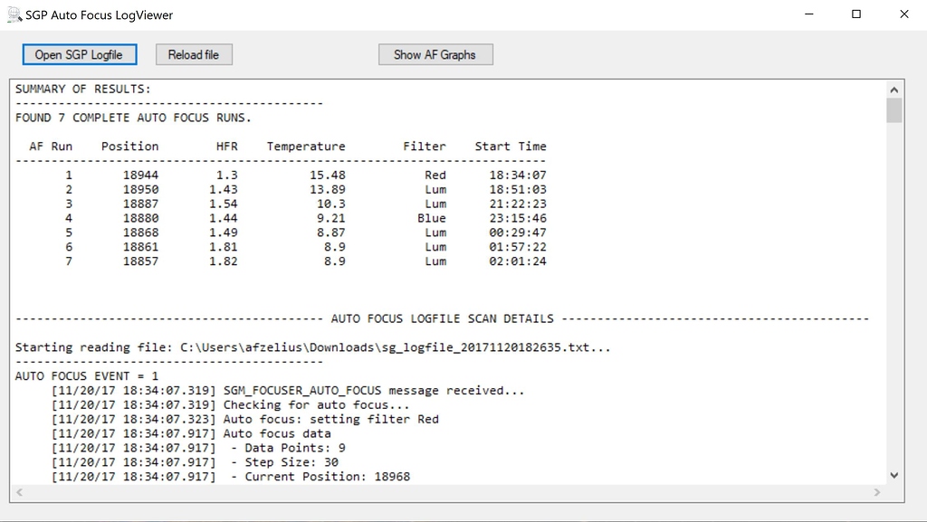 SGP AutoFocus LogViewer - Auto Focus - Main Sequence Software