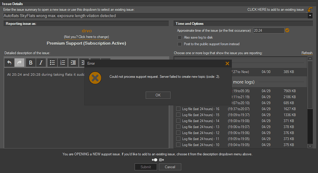 Not able to report a problem from SGP - SGPro Support - Main Sequence Software